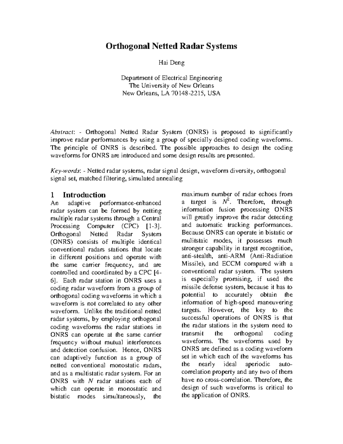 COMUNICATION NOTES - Orthogonal Netted Radar Systems Hai Deng ...