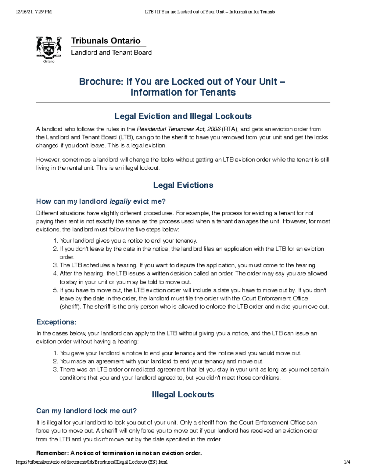 LTB If You are Locked out of Your Unit – Information for Tenants ...
