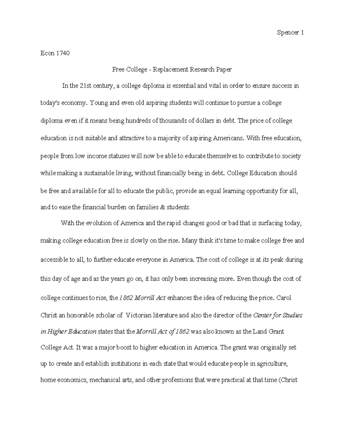 Final Research Paper Why College Should Be Free Econ 1740 Free