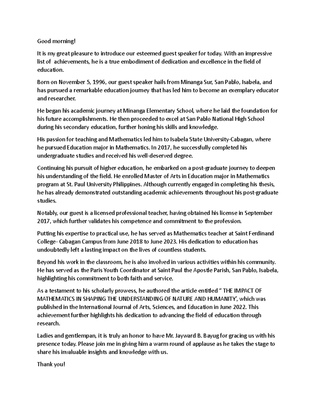 Introduction to guest speaker - Good morning! It is my great pleasure ...