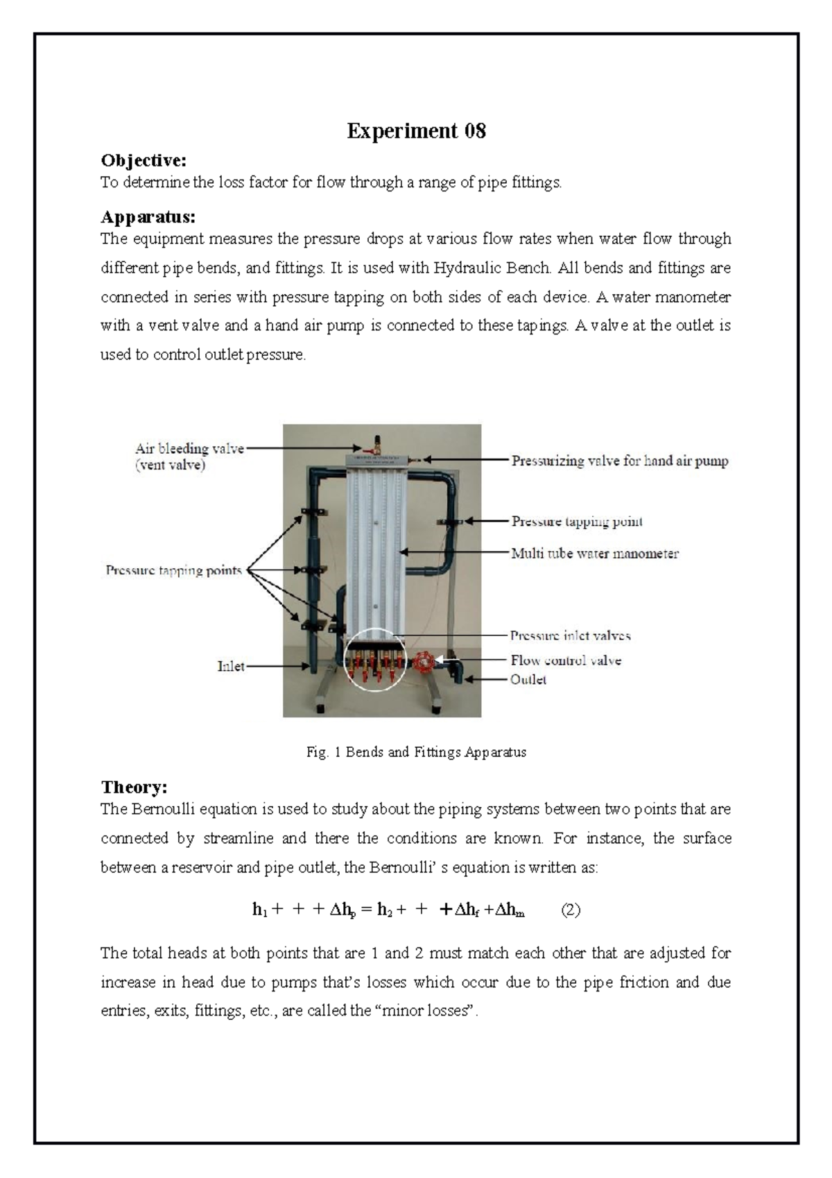 Lab session 08 - To determine the loss factor for flow through a range ...