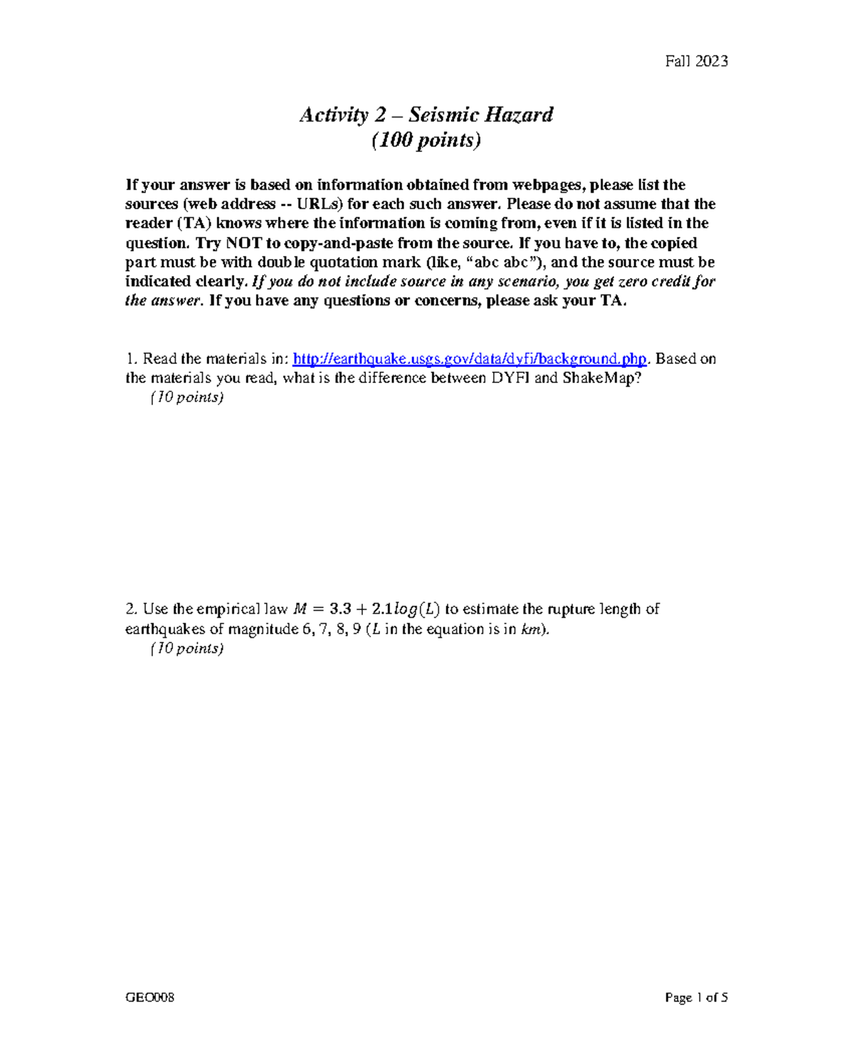 Activity 2 Seismic-Hazard 23F - Activity 2 – Seismic Hazard ( 100 ...