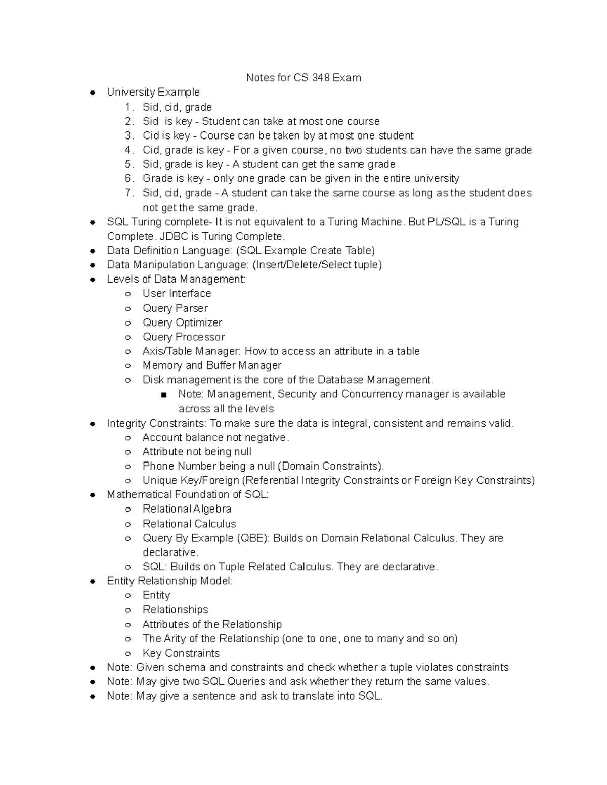 Notes for CS 348 Exam - Summary Databases - Notes for CS 348 Exam ...