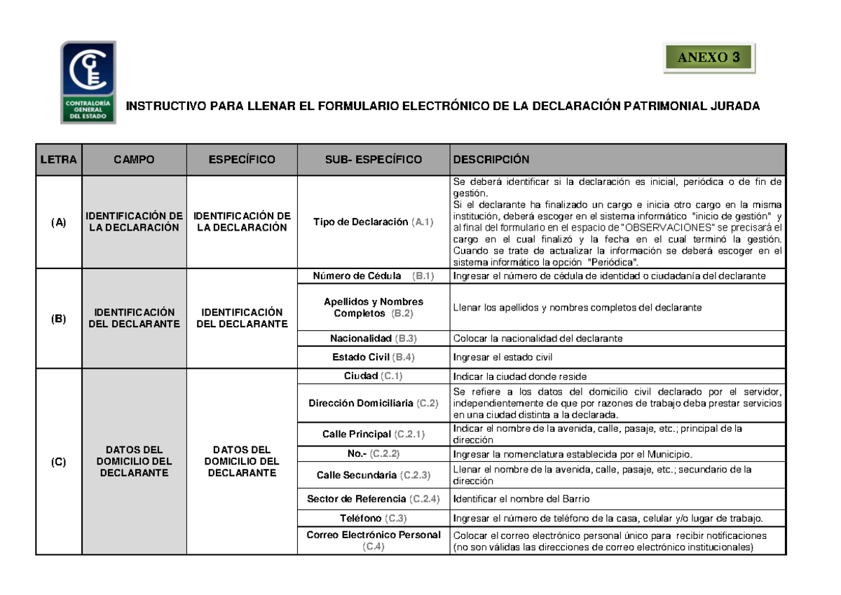 Anexo 3 Instructivo para llenar la declaración - INSTRUCTIVO PARA ...