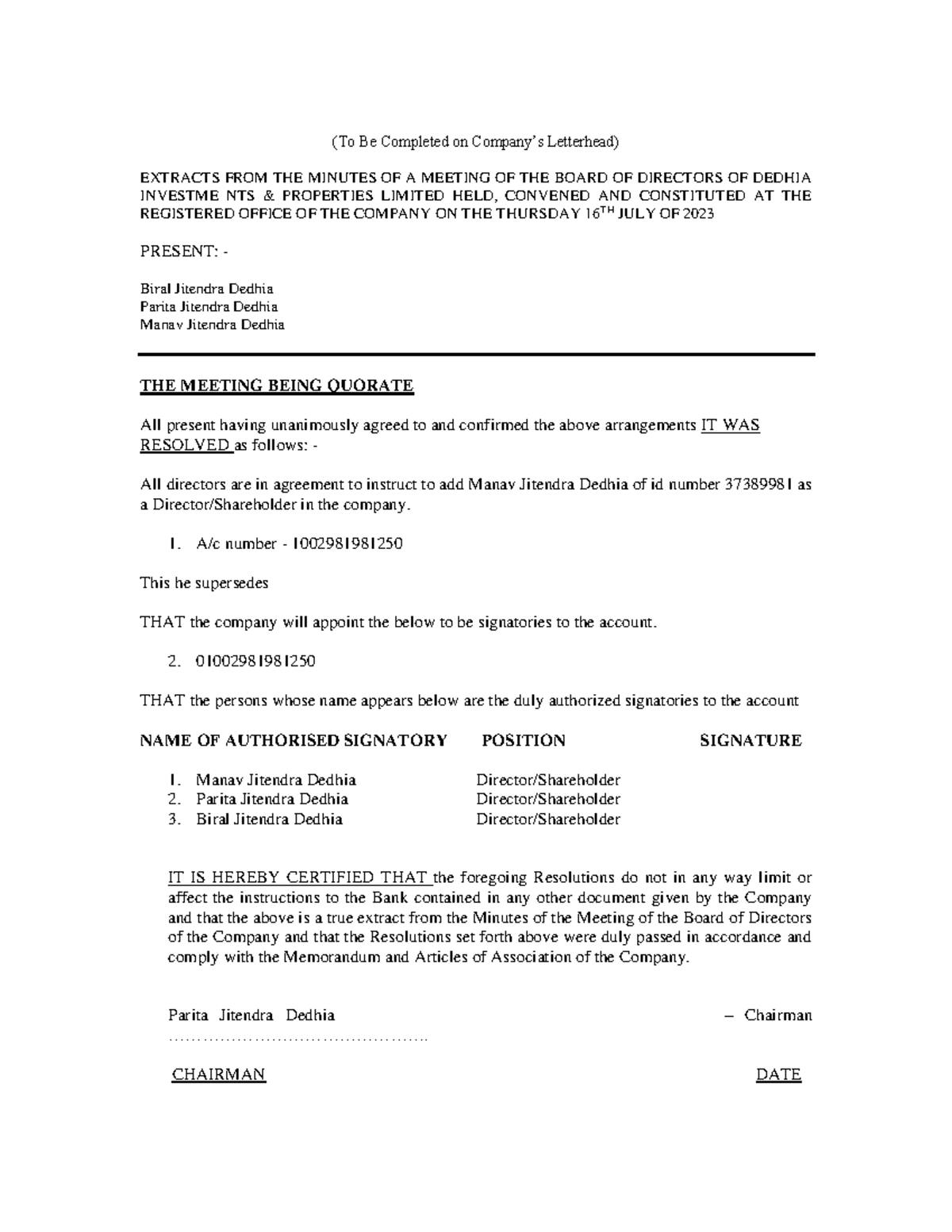 Board Resolution Direcor and Signatory Addition and removal ...