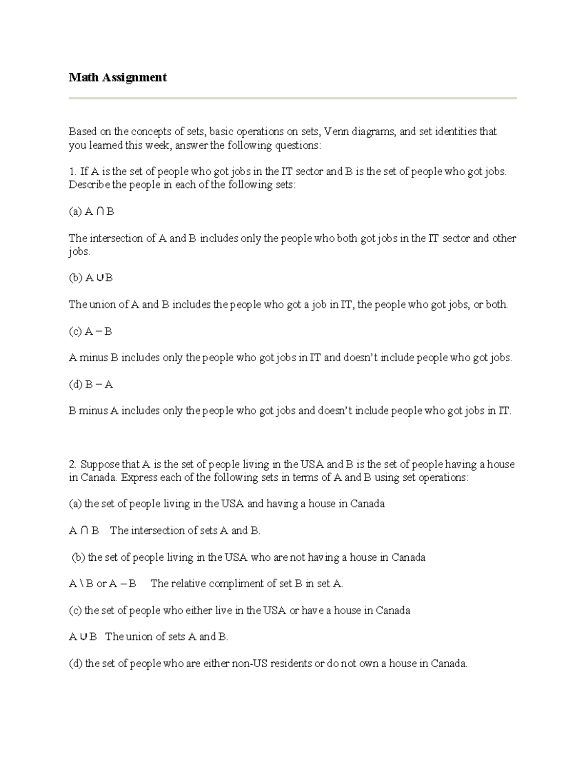 Math Assignment Unit 1 - Math Assignment Based on the concepts of sets ...