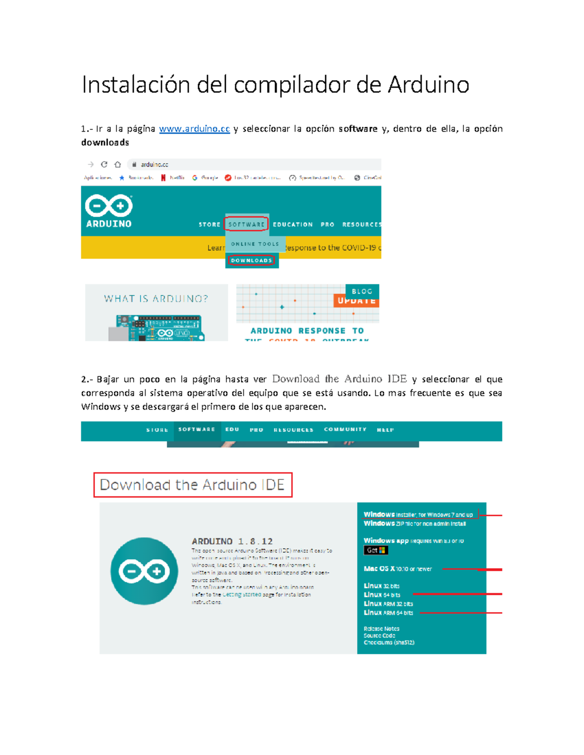 Instalación del compilador de Arduino - Ir a la página arduino y seleccionar la opción software ...