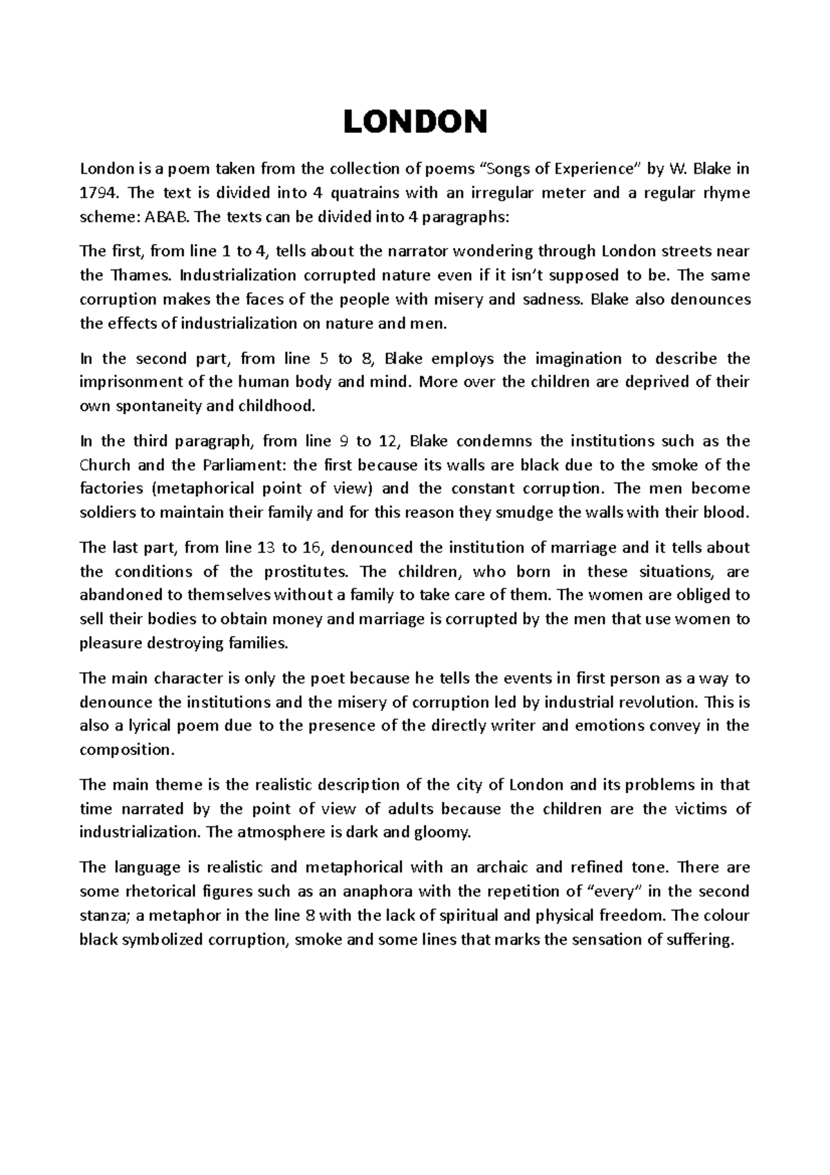 London - LONDON London is a poem taken from the collection of poems ...