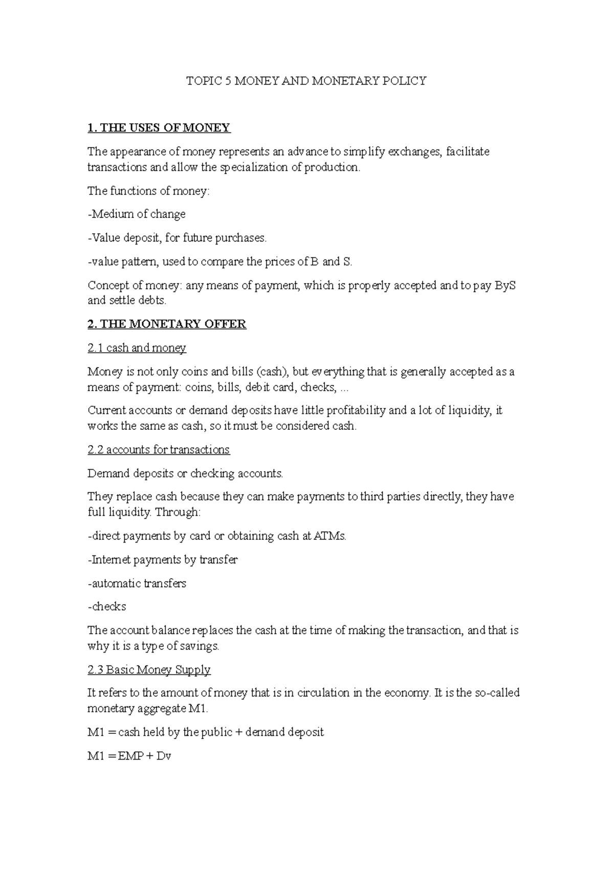 Unit 7 Comparative Economic Systems - TOPIC 5 MONEY AND MONETARY POLICY ...