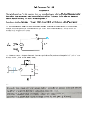 Assignmnet 02 BE FALL 2022 - Basic Electronics - FALL 2022 Assignment 02 Attempt All questions ...