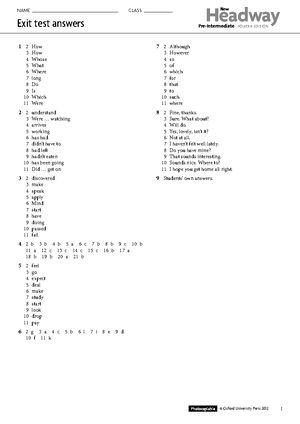 Hwy pre int exit test ans - Exit test answers NAME CLASS 1 Headway New ...