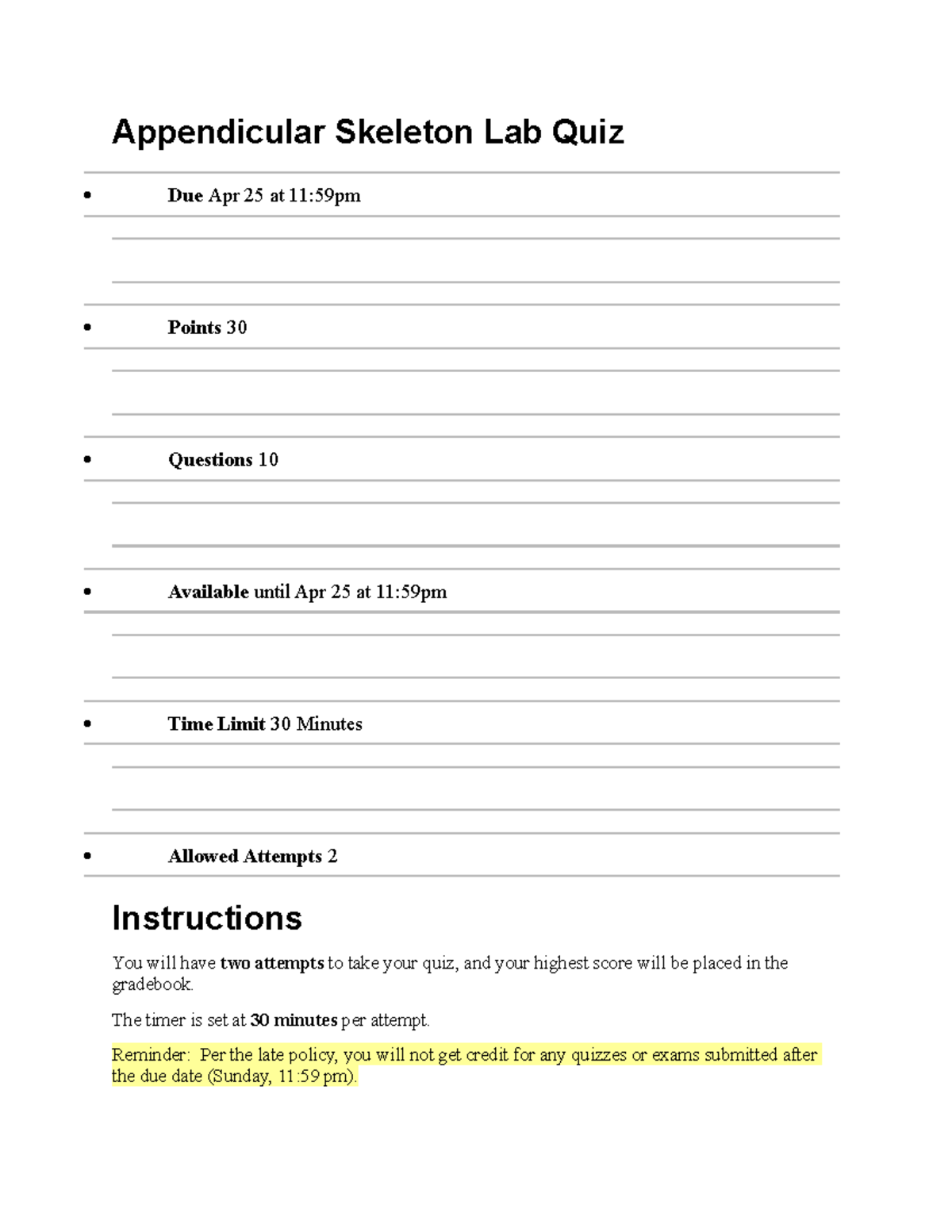 Appendicular Skeleton Lab Qui - The timer is set at 30 minutes per ...