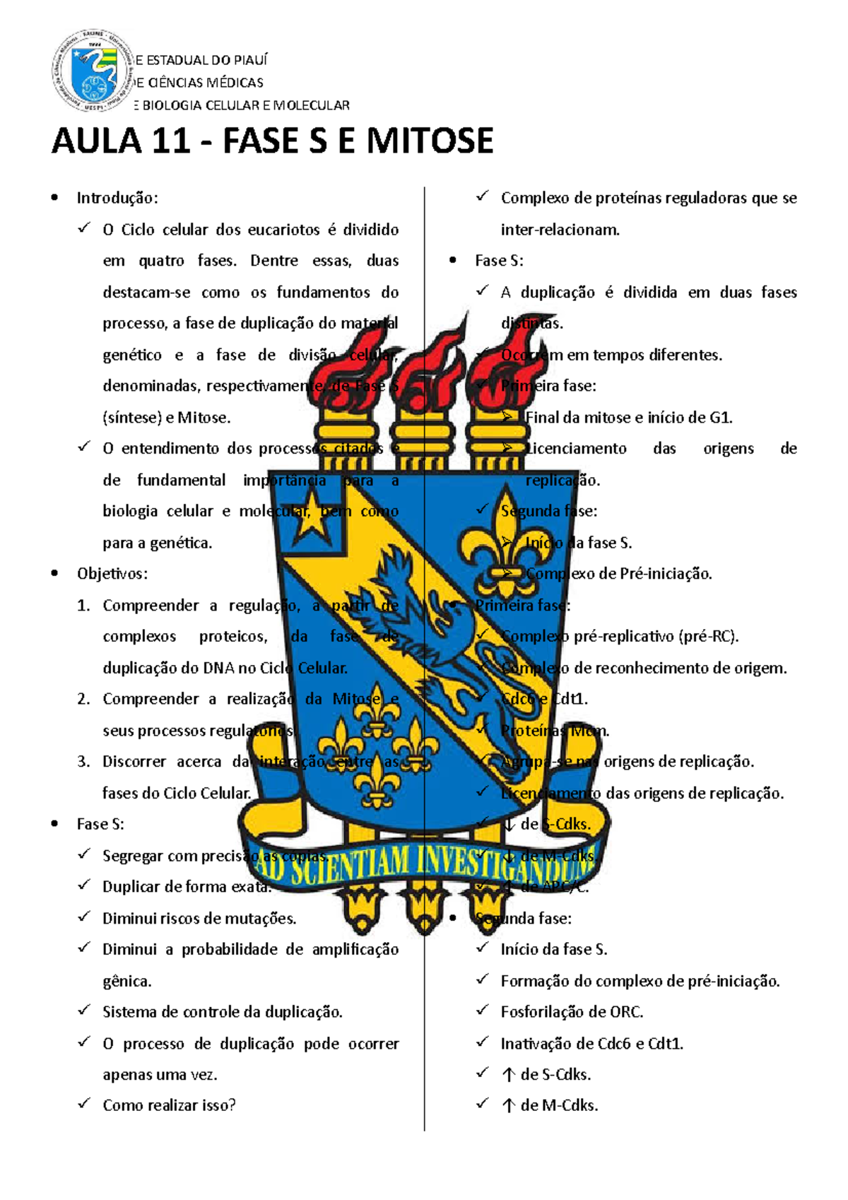 Aula 11 - Fase S e Mitose - Anotações de aula 11 - UNIVERSIDADE ...