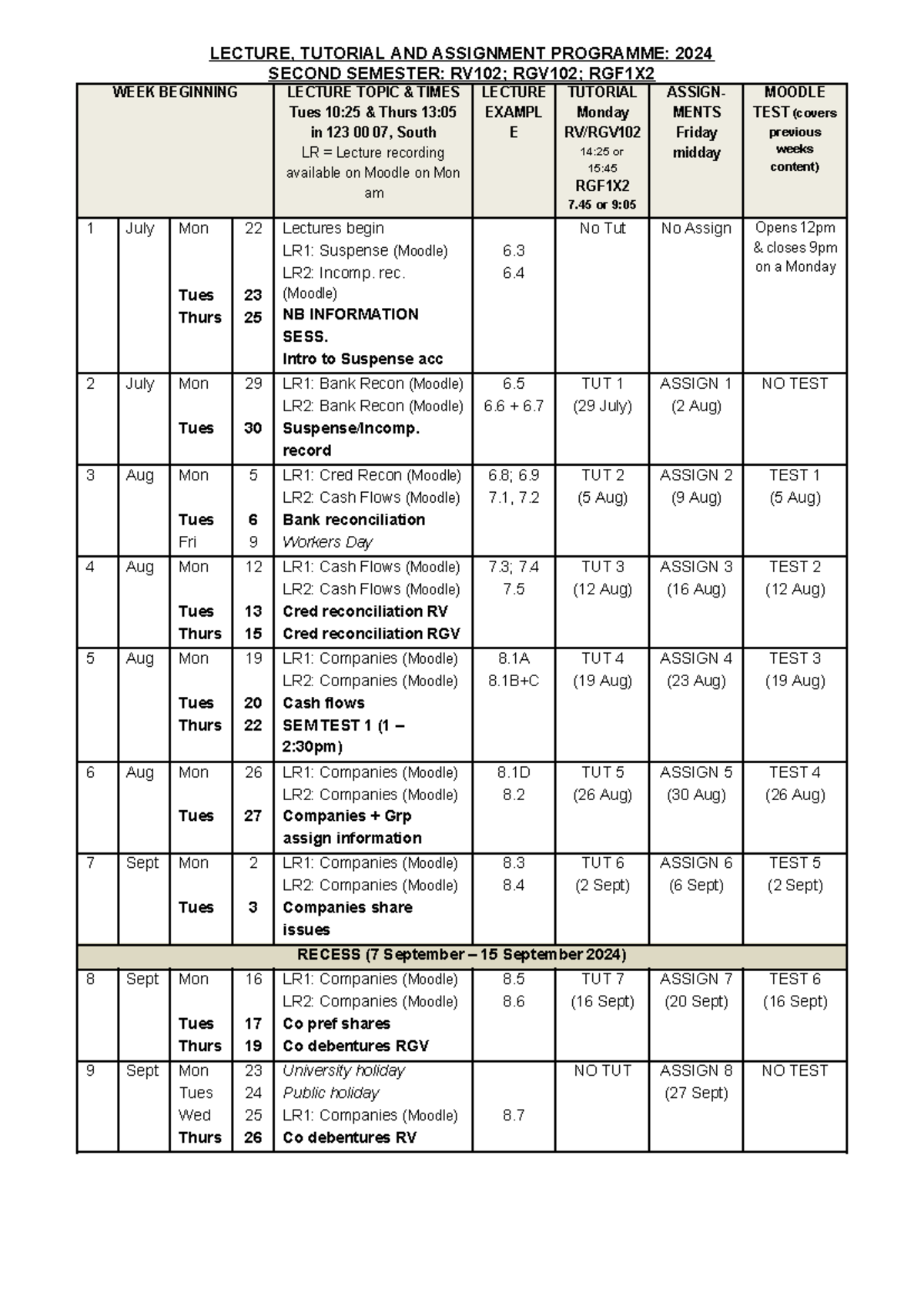 Sem 2 Lecture Programme Student 2024 - LECTURE, TUTORIAL AND ASSIGNMENT ...