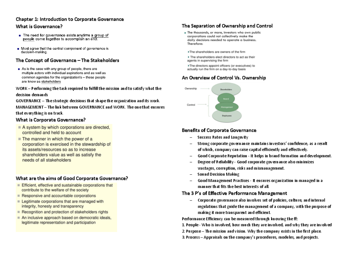Chapters 1 and 2 good governance - Chapter 1: Introduction to Corporate ...