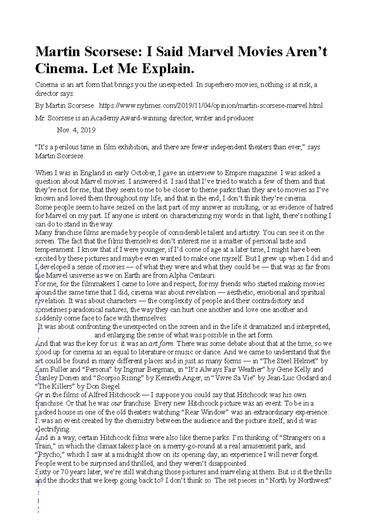Martin Scorsese Marvel movies NYT - Martin Scorsese: I Said Marvel ...