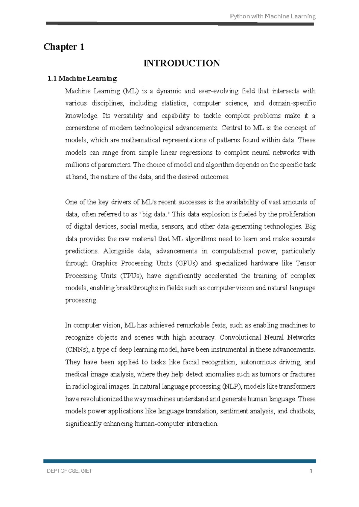 Final Report 1 - Chapter 1 INTRODUCTION 1 Machine Learning: Machine ...