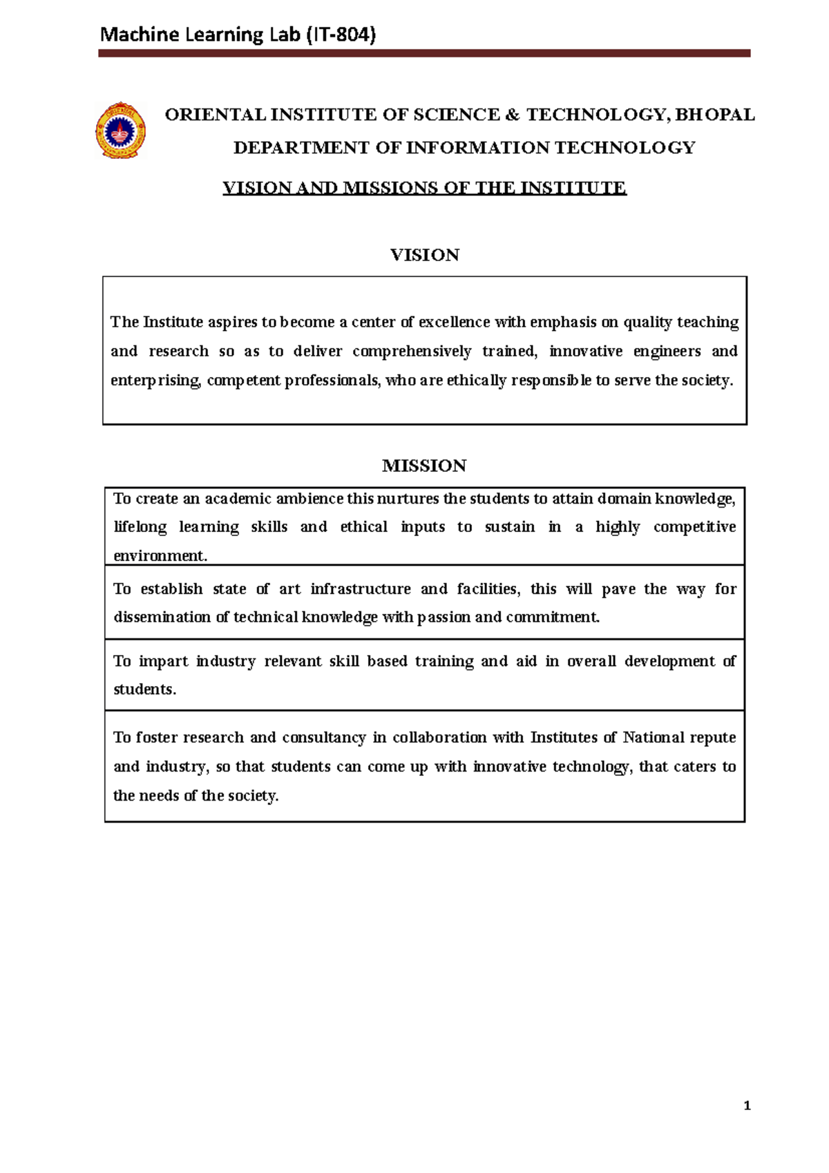 IT804- Machine Learning LAB File-Jan-Jun 2021-students - ORIENTAL INSTITUTE OF SCIENCE & - Studocu