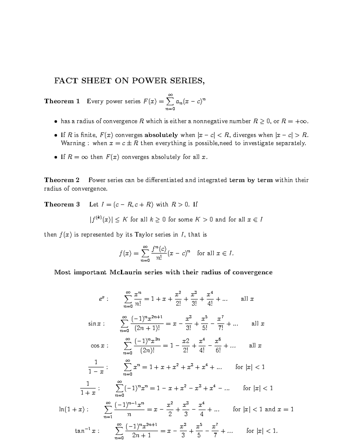 232 Fact sheet on power series - FACT SHEET ON POWER SERIES, Theorem 1 ...