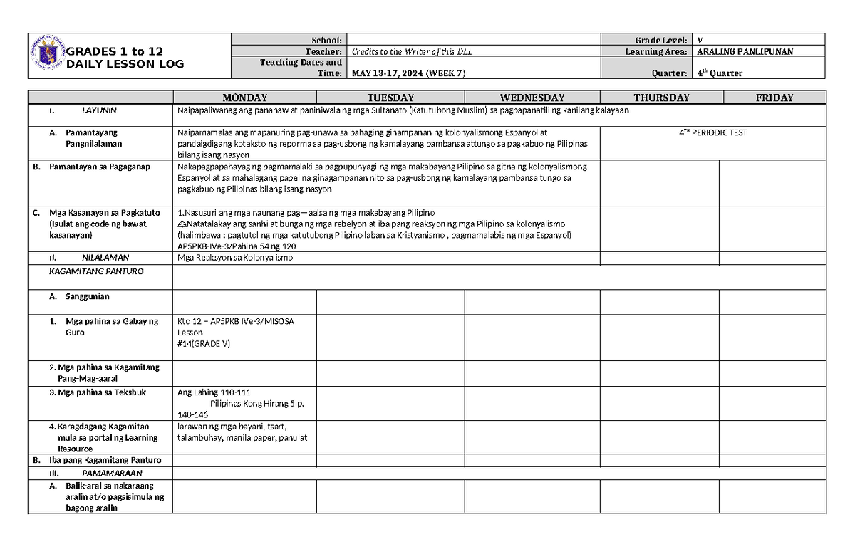 Grade 5 DLL Araling Panlipunan 5 Q4 Week 7 - GRADES 1 to 12 DAILY LESSON LOG School: Grade Level ...