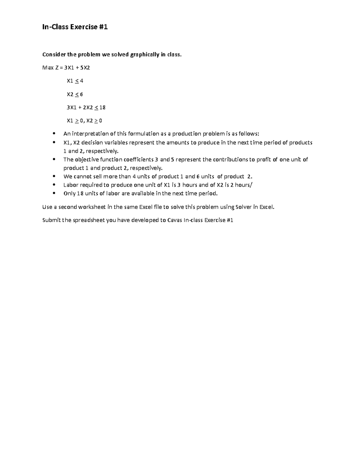 #1 In-class exercise - Small LP Problem - In-Class Exercise Consider ...