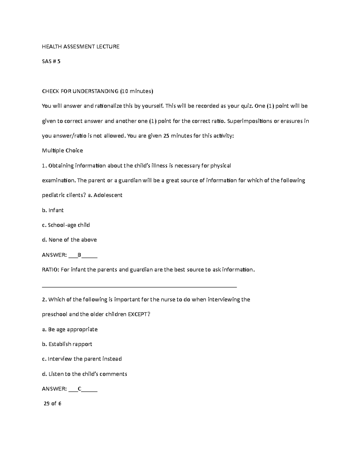 HEA LEC SAS5 - HEA LEC SAS5 - HEALTH ASSESMENT LECTURE SAS # 5 CHECK ...