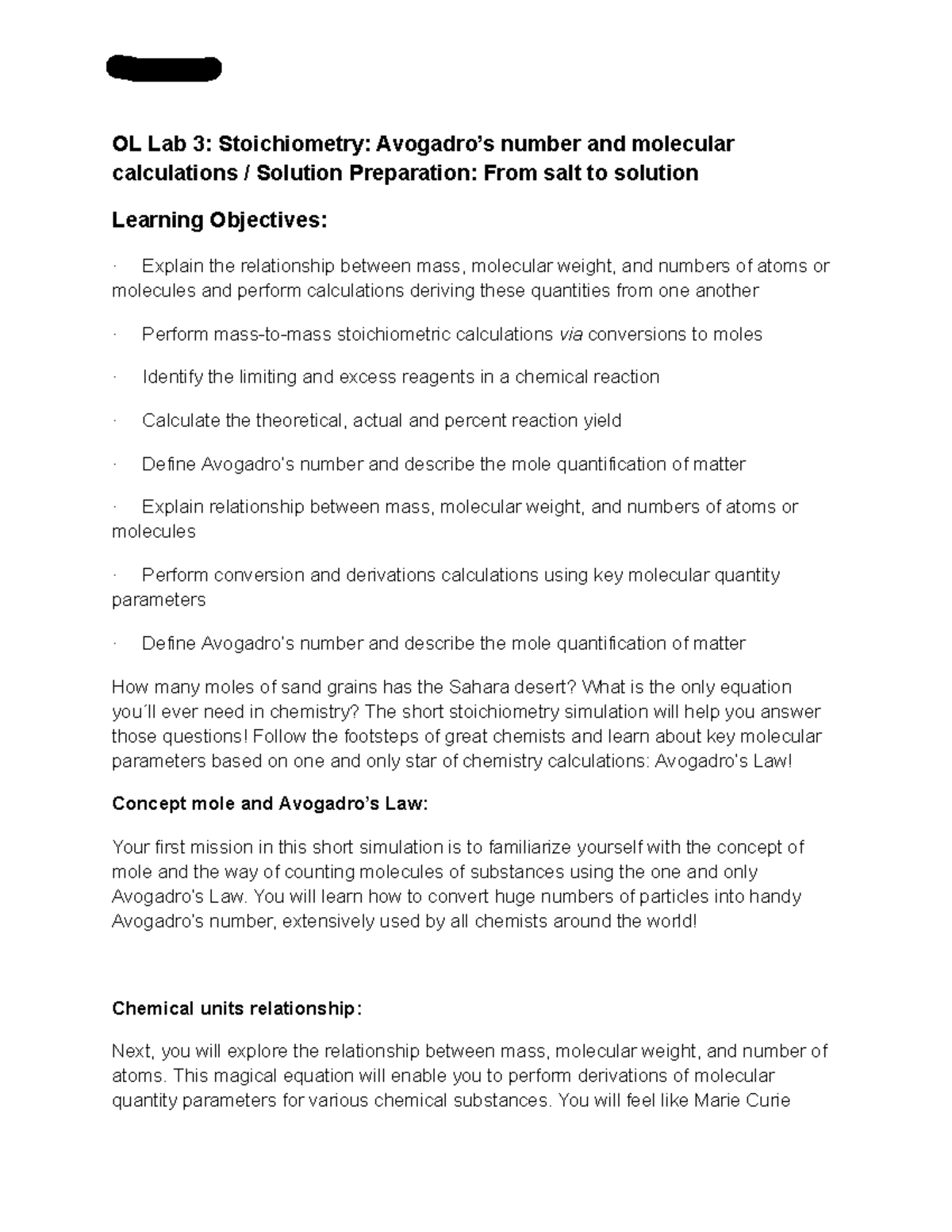 CHEM 120 - Week 3 - Lab Report - Stoichiometry - Michael Heika OL Lab 3: Stoichiometry: Avogadro ...