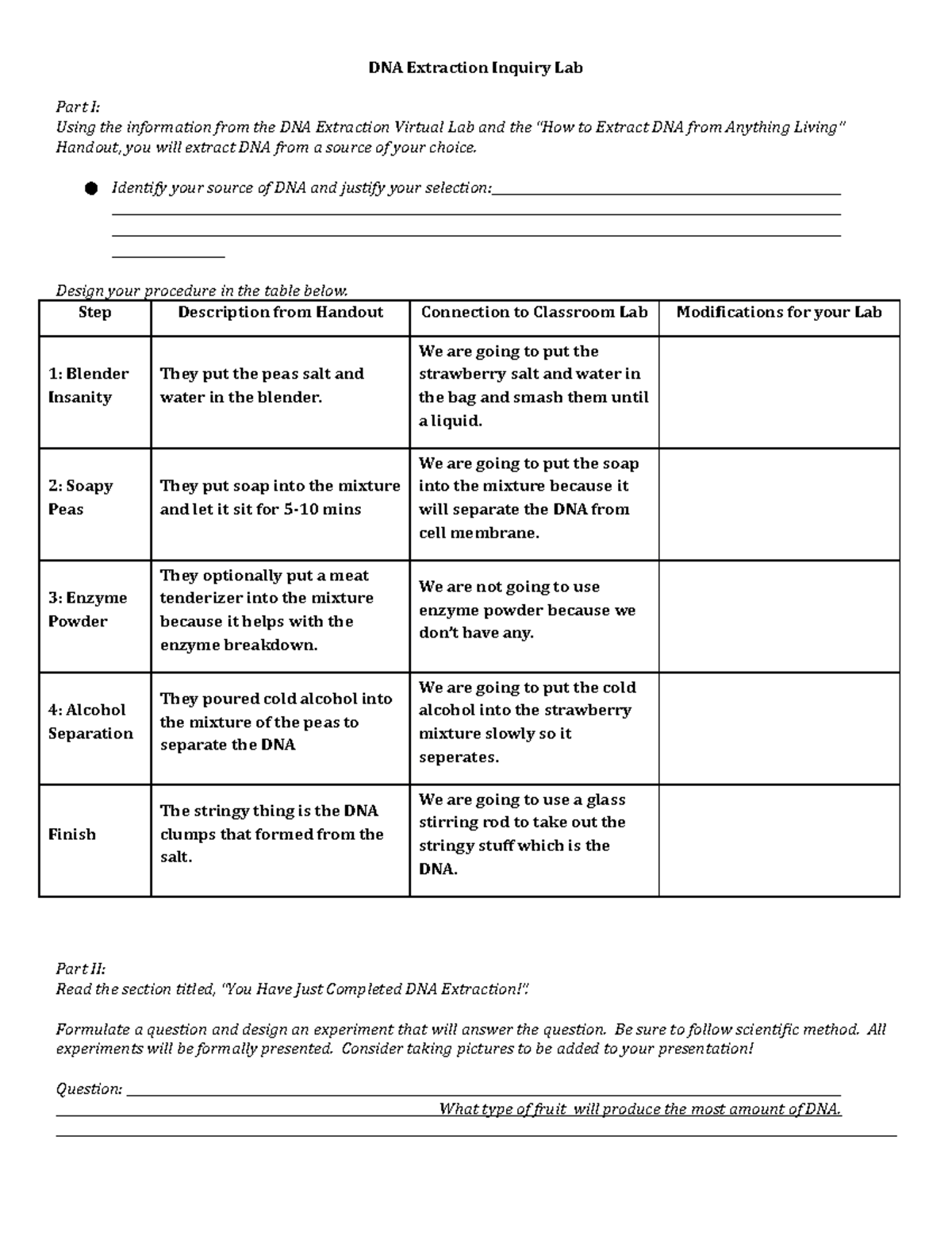 DNA Inquiry Lab - DNA Extraction Inquiry Lab Part I: Using the ...