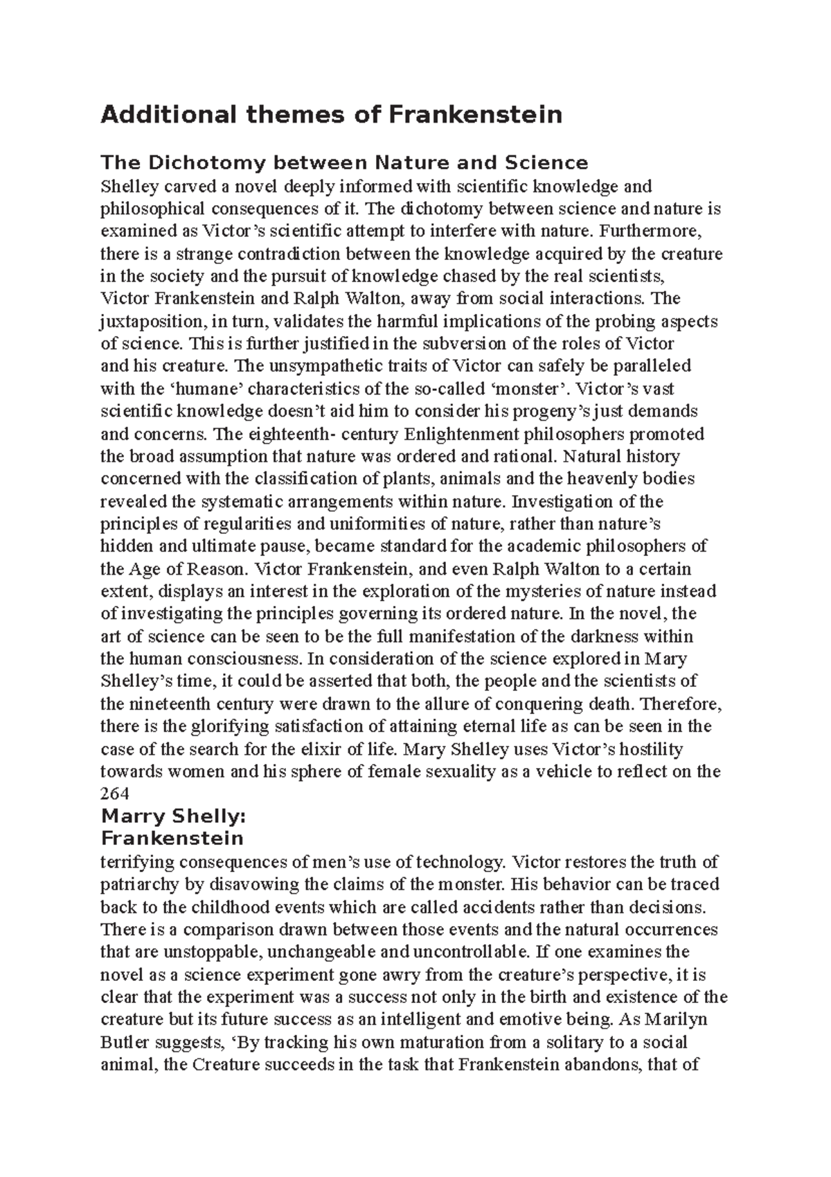 Additional themes of Frankenstein - The dichotomy between science and ...