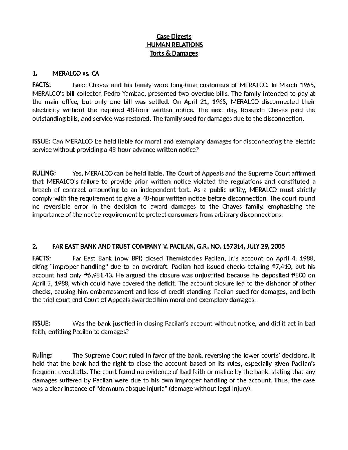 Partial CD Human Relations - Case Digests HUMAN RELATIONS Torts & Damages MERALCO vs. CA FACTS ...