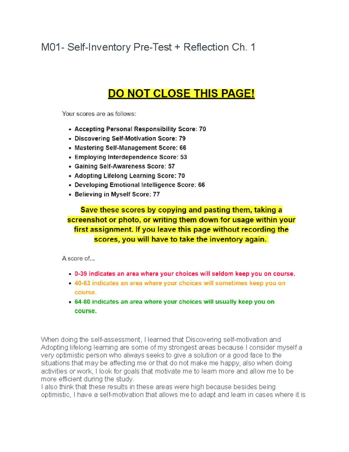M01- Self-Inventory Pre-Test - 1 When doing the self-assessment, I ...