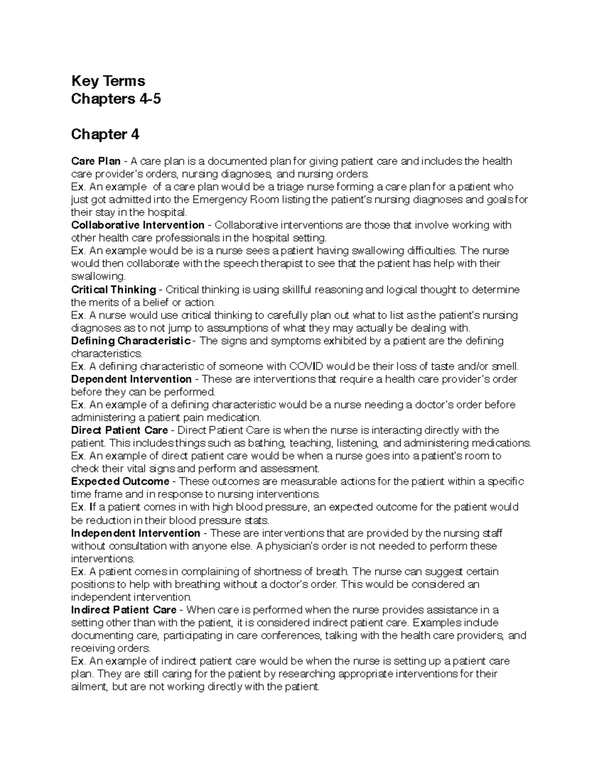 Key Terms Assignment Ch 4&5 - Key Terms Chapters 4- Chapter 4 Care Plan ...