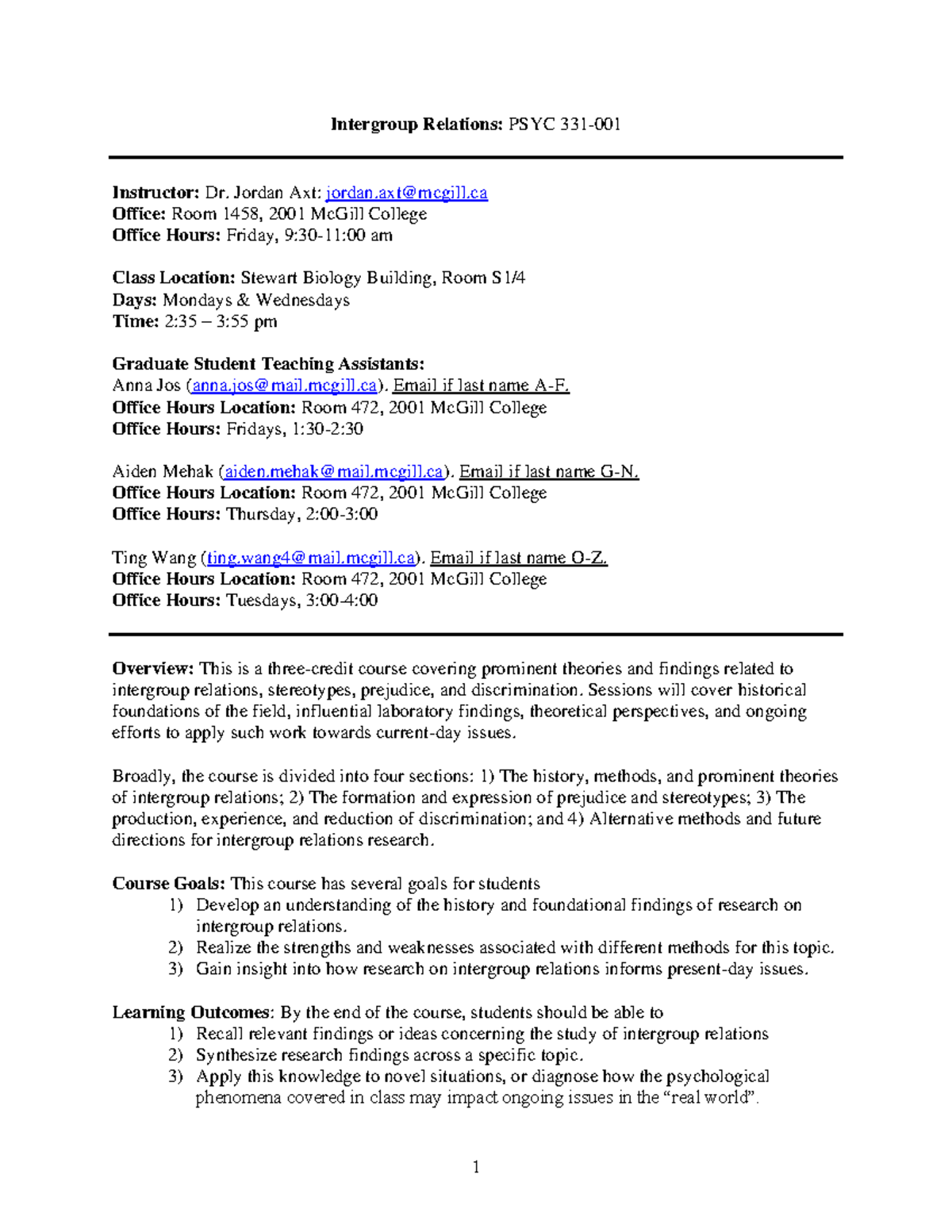 PSYC331 Syllabus Winter 2024 March 1 - Intergroup Relations: PSYC 331 - 001 Instructor: Dr ...