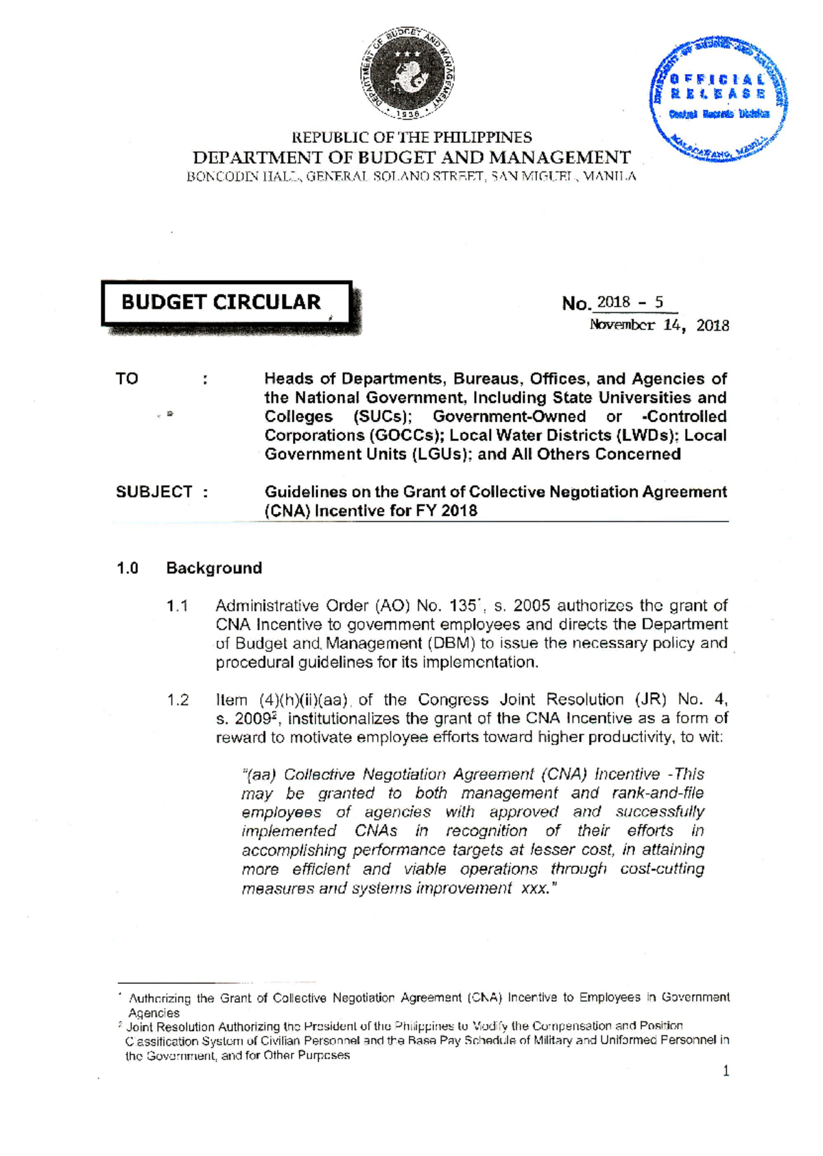 Budget Circular NO 2018 5 - IF Fl C 1, A L" R E. EASE REPUBLIC OF THE ...