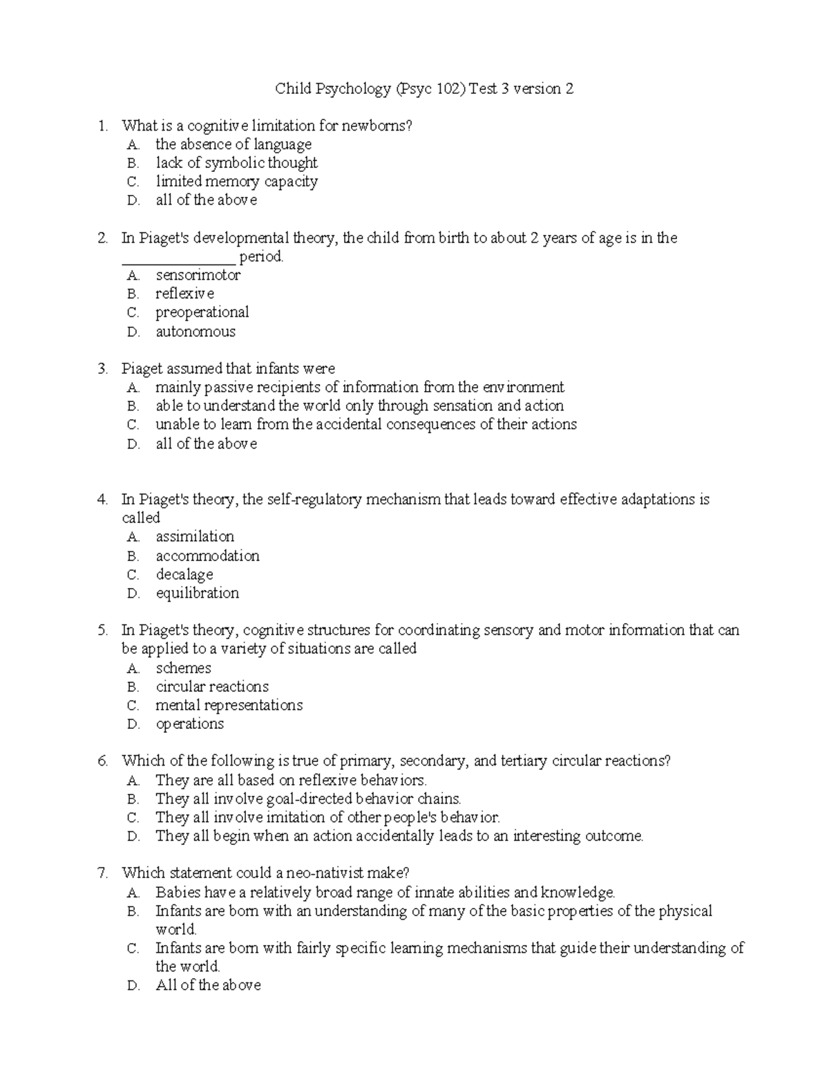PSYC102 Test 3 - Test 3 with answer - Child Psychology (Psyc 102) Test ...