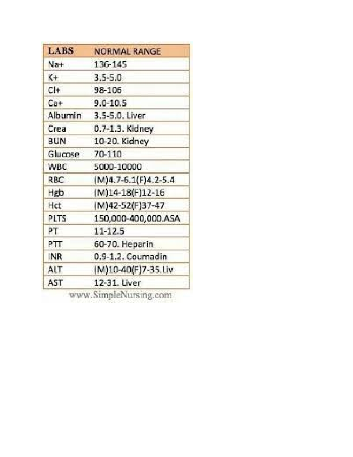 Lab Values Charts - LABS NORMAL RANGE Albumin Liver Crea Kidney BUN ...