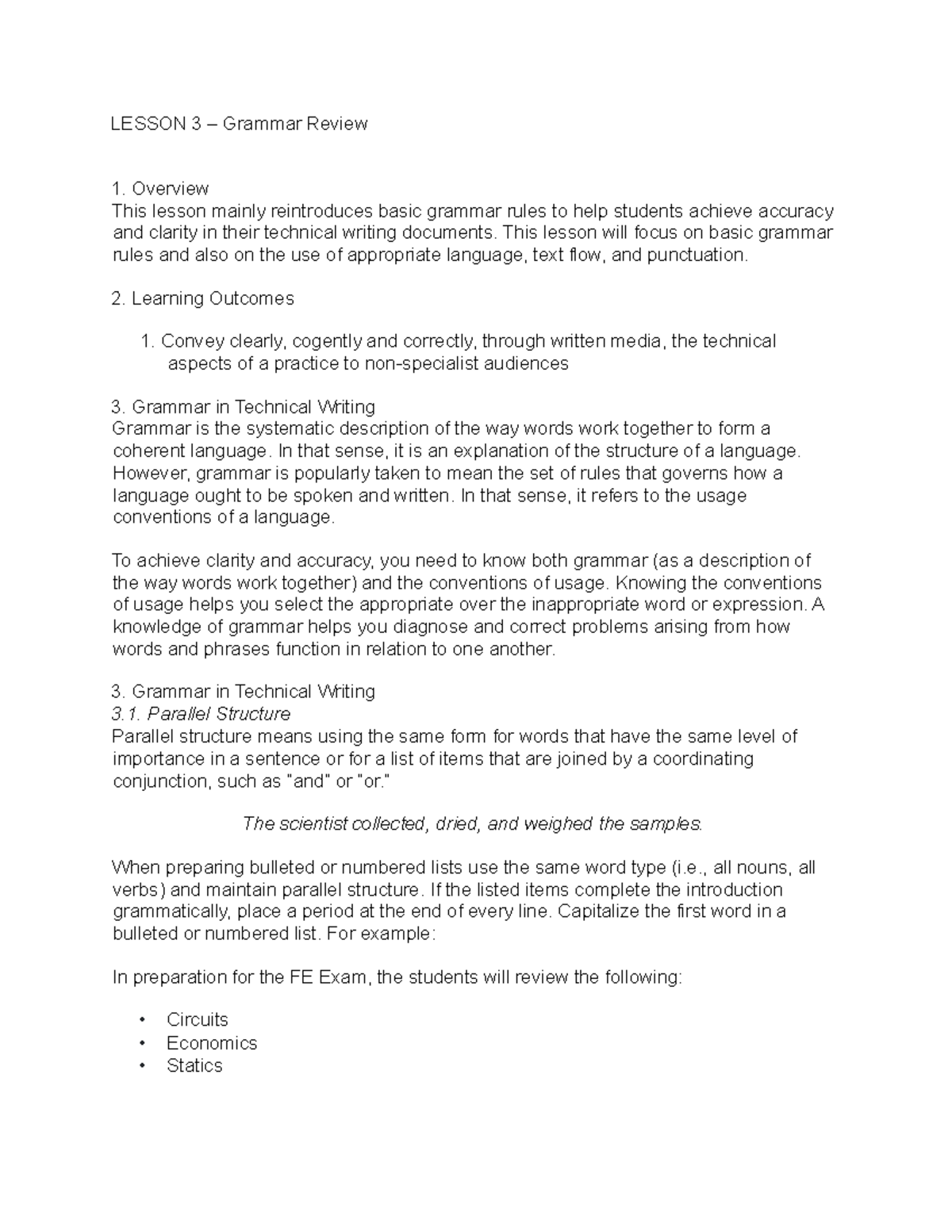 Technical Writing -Lesson 3 - LESSON 3 – Grammar Review Overview This ...