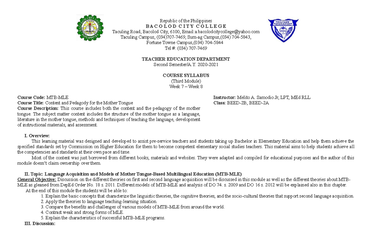 MTB-MLE- Module 3 - Republic of the Philippines B A C O L O D C I T Y C ...