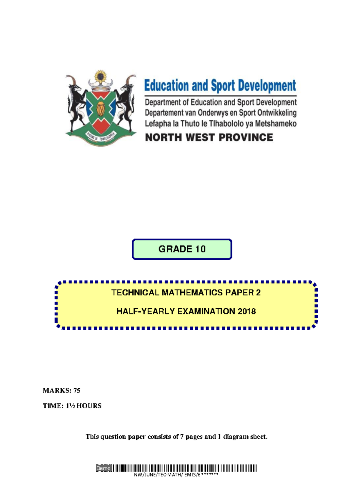 Technical-Mathematics-GR-10-Paper-2- Demo MARKS: 75 TIME: 1½ HOURS This ...