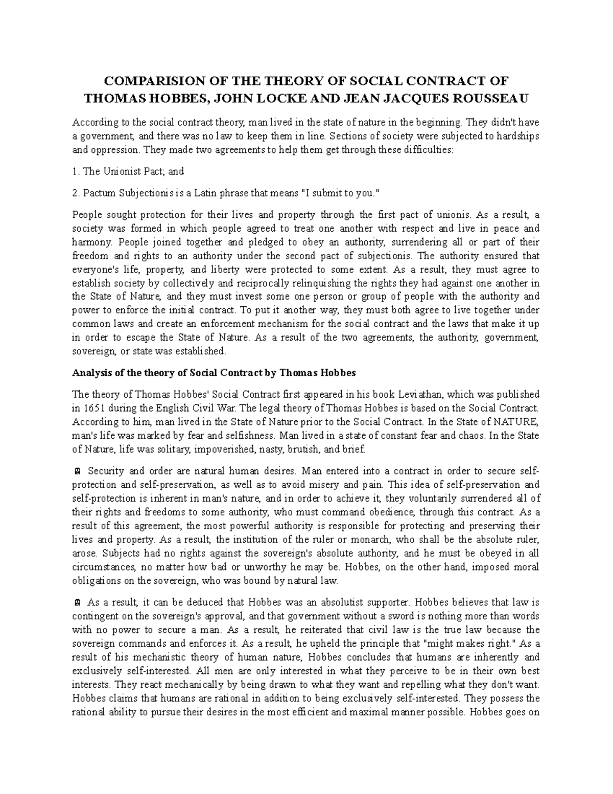 COMPARISION OF THE THEORY OF SOCIAL CONTRACT OF THOMAS HOBBES, JOHN ...