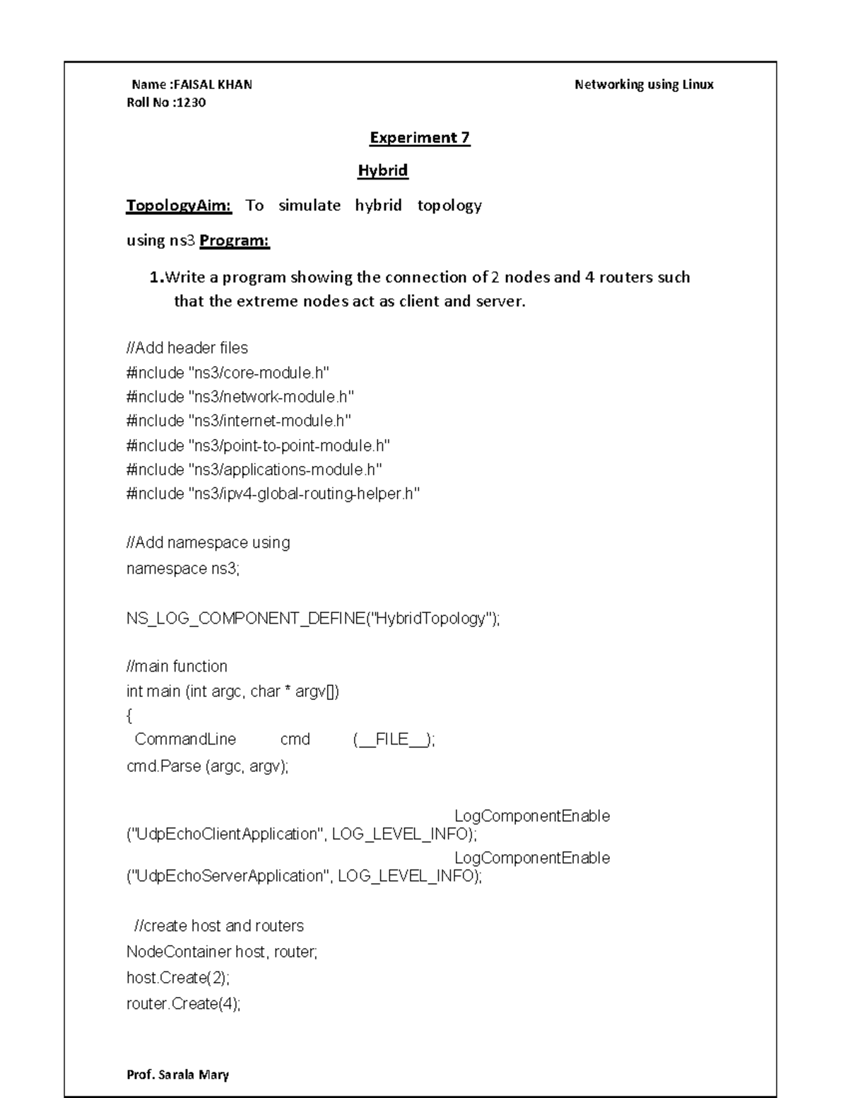 H-1230 - mca - Name :FAISAL KHAN Networking using Linux Roll No : Experiment 7 Hybrid ...
