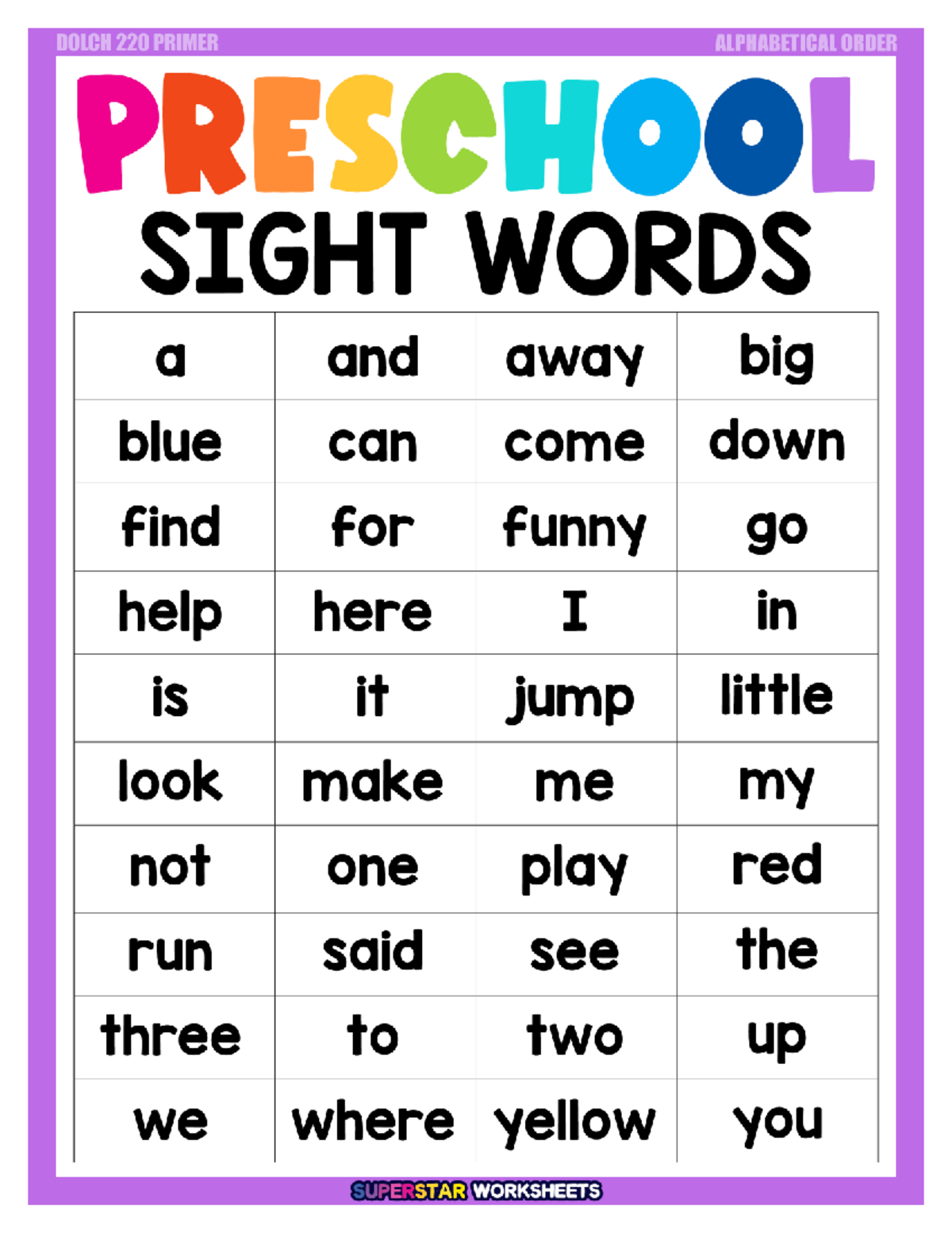Preschool Sight Word Chart - English for the Profession - DOLCH 220 ...
