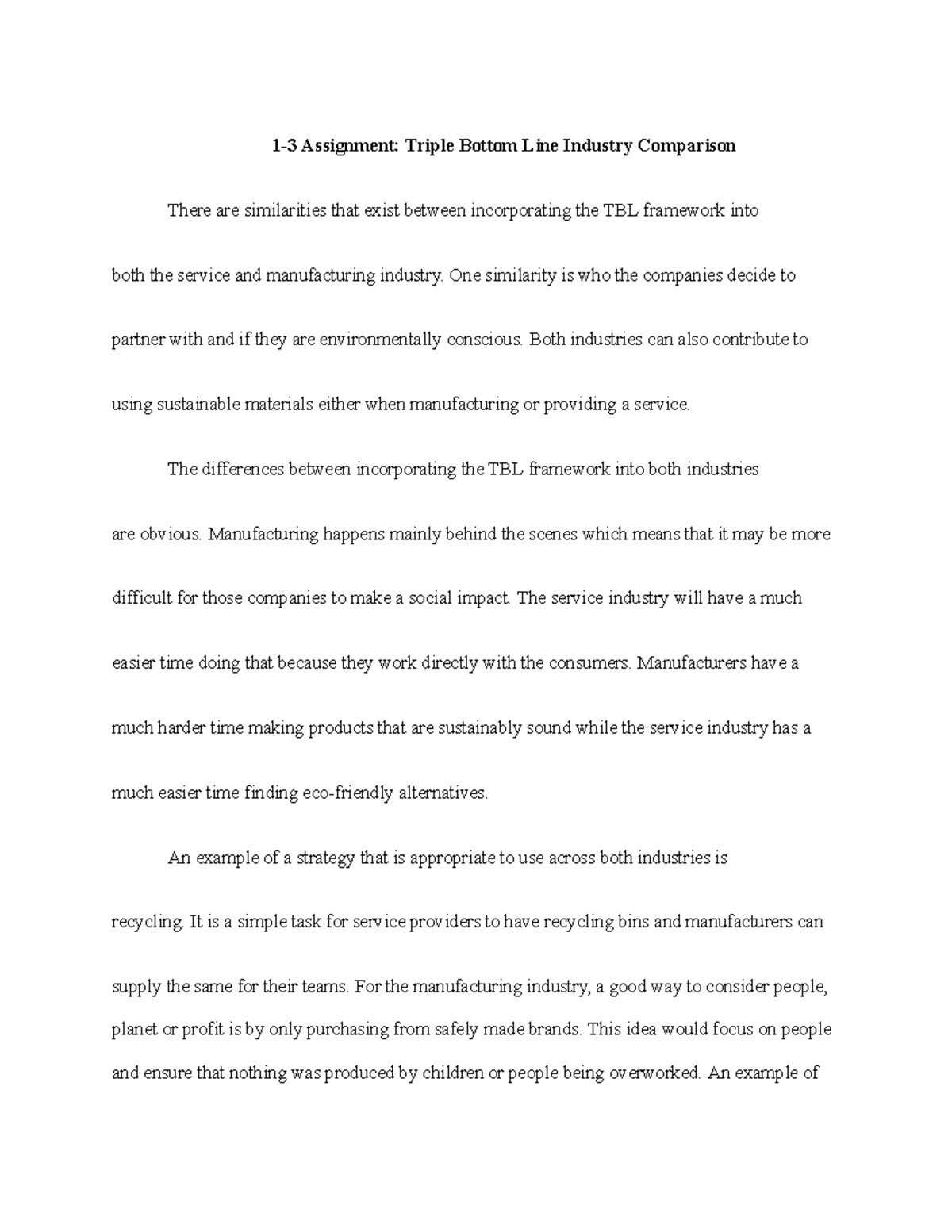 1-3 Assignment Triple Bottom Line Industry Comparison - One similarity ...
