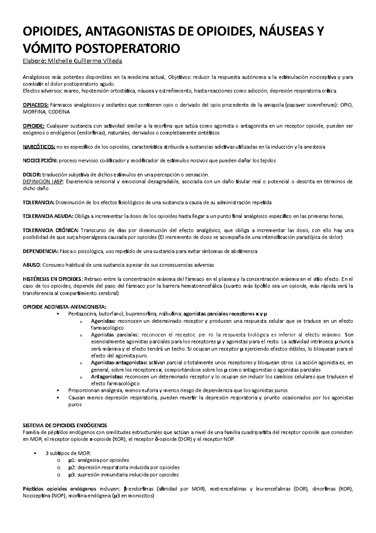 Opioides, Antagonistas DE Opioides, Náuseas Y Vomito Postoperatorio R1 ...