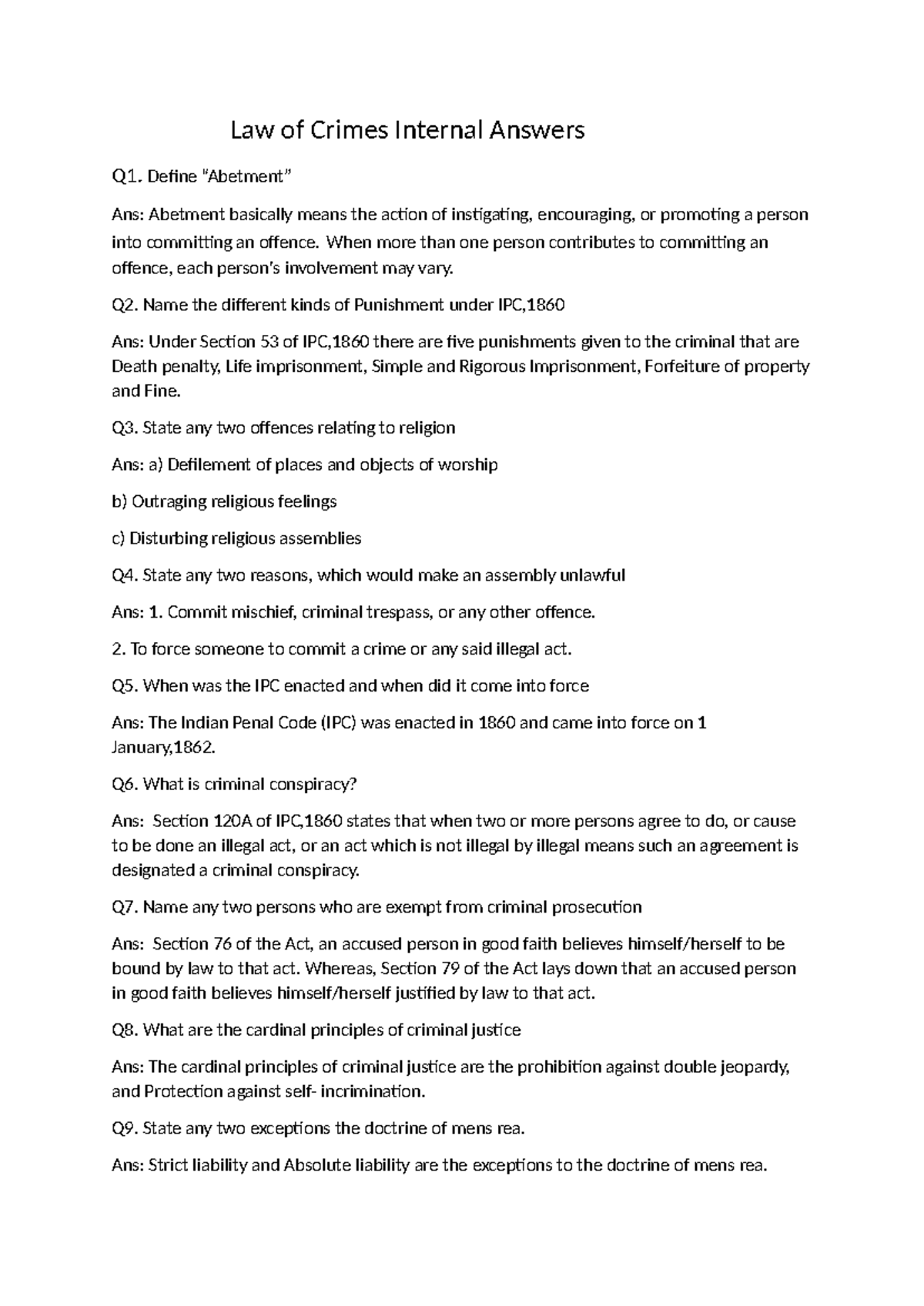 Law of crimes internal answers - Law of Crimes Internal Answers Q1 ...