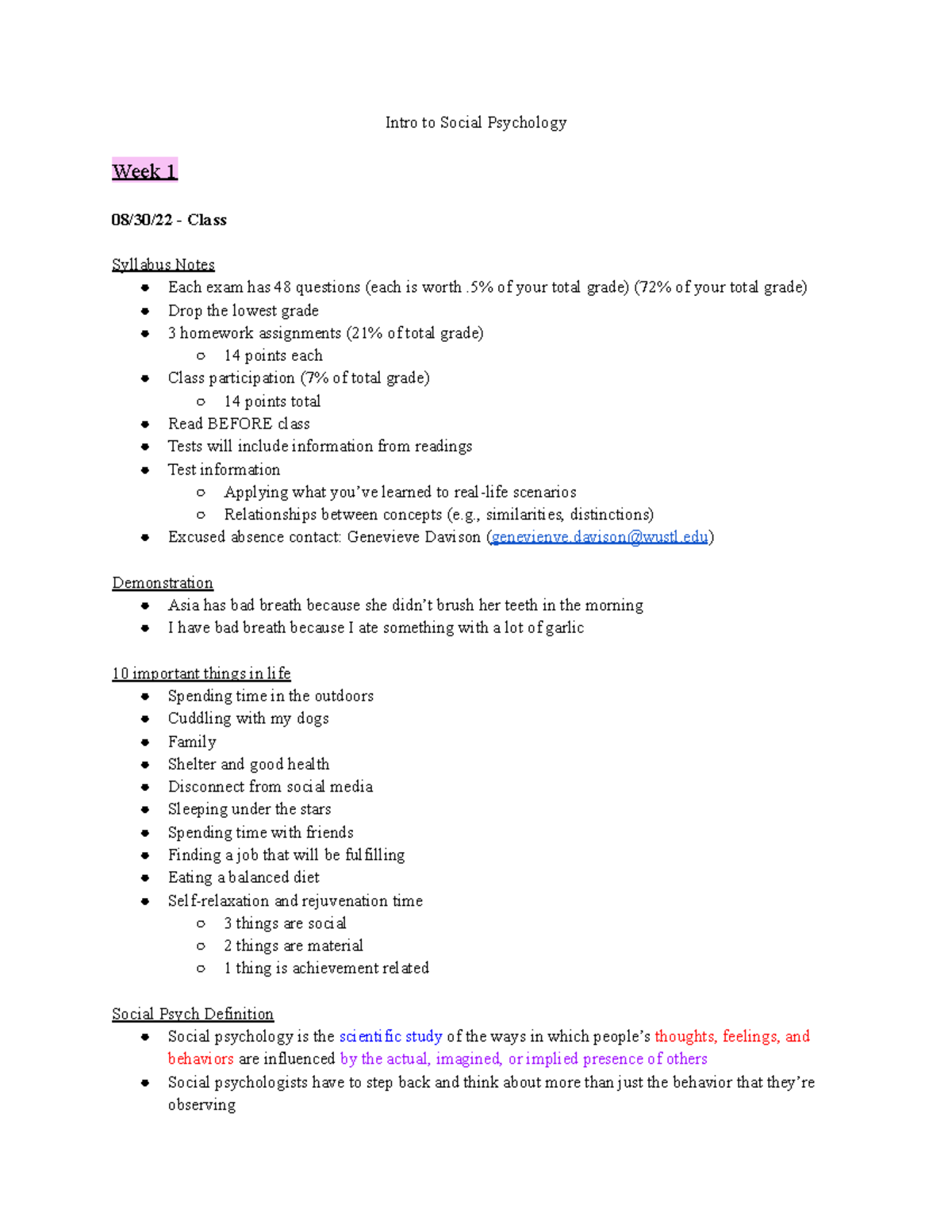 Social Psych Test 1 Notes - Intro to Social Psychology Week 1 08/30/22 ...