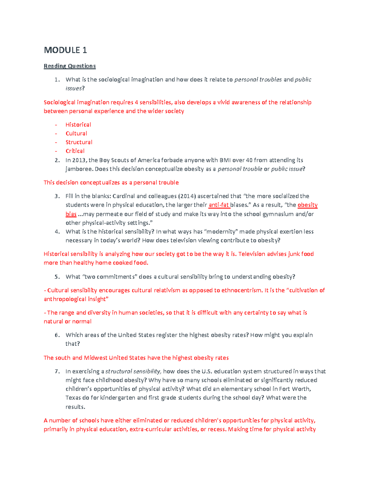Kines 100 Reading Guide and Lecture Questions - MODULE 1 Reading Questions What is the ...
