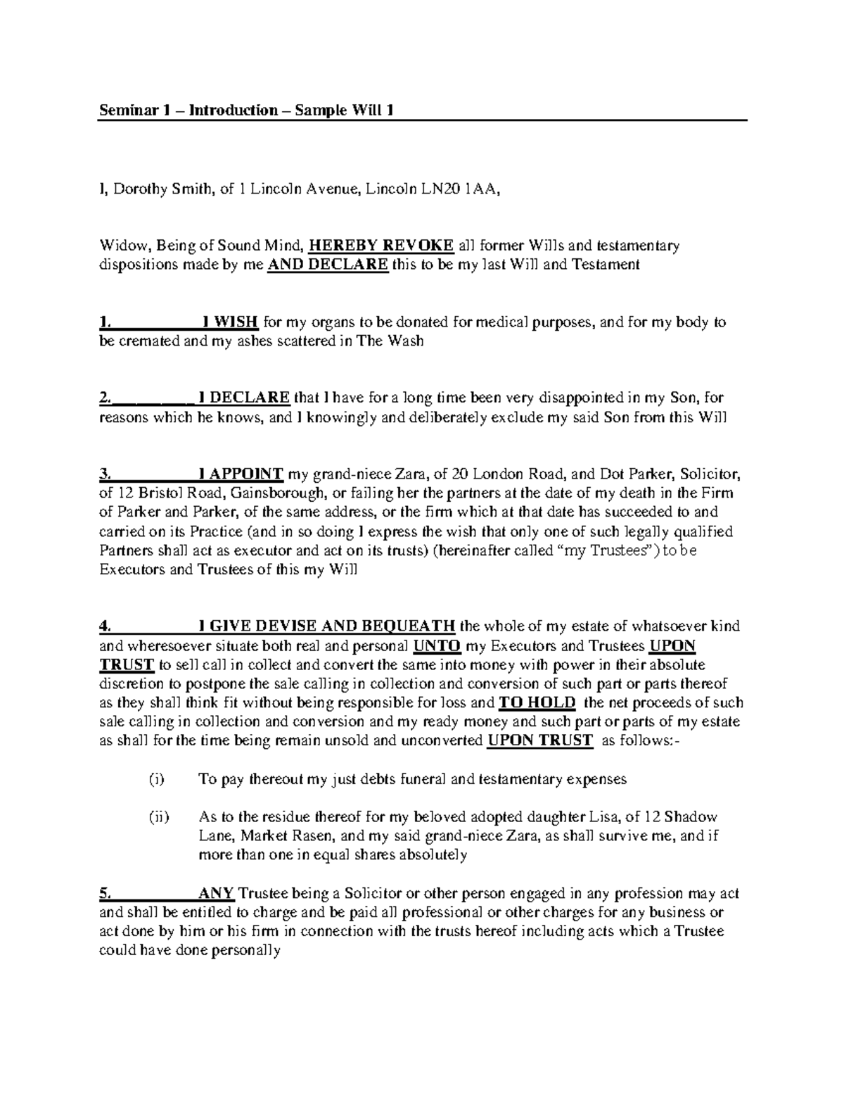 Seminar 1 - sample wills - Seminar 1 – Introduction – Sample Will 1 I ...
