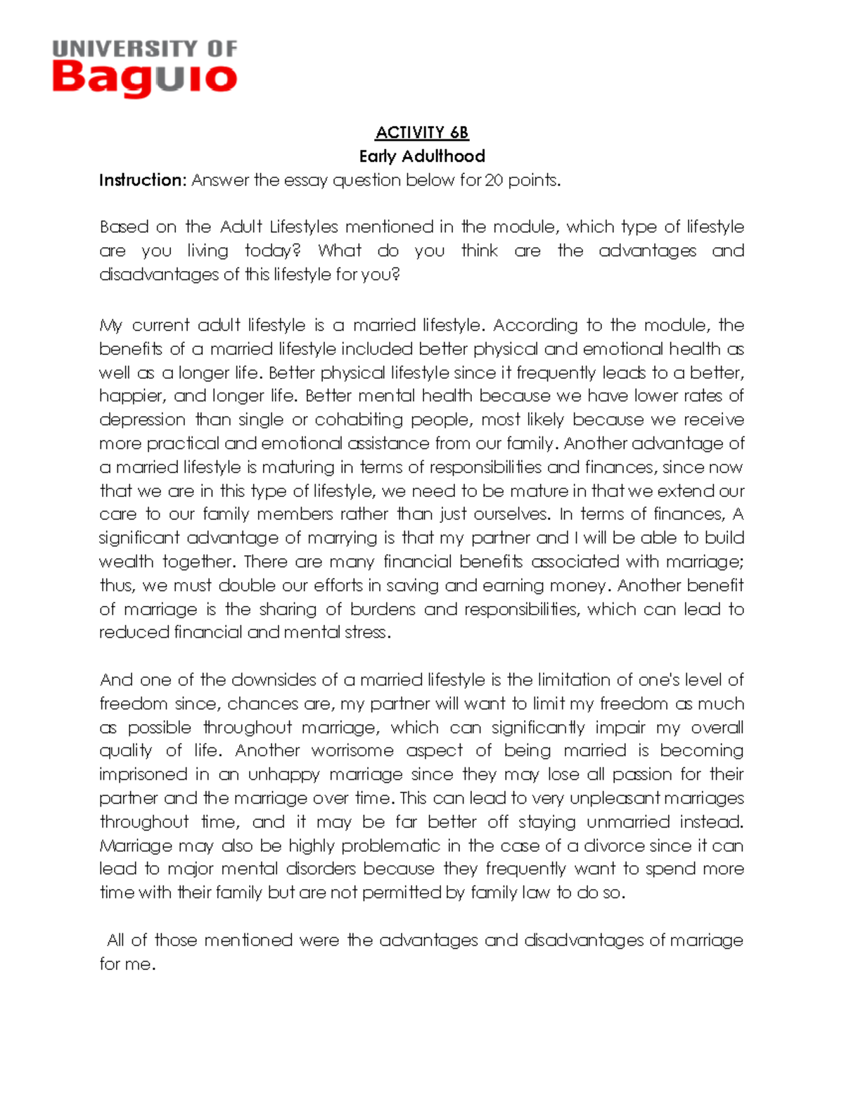 Activity 6B - sffvg - ACTIVITY 6B Early Adulthood Instruction: Answer ...