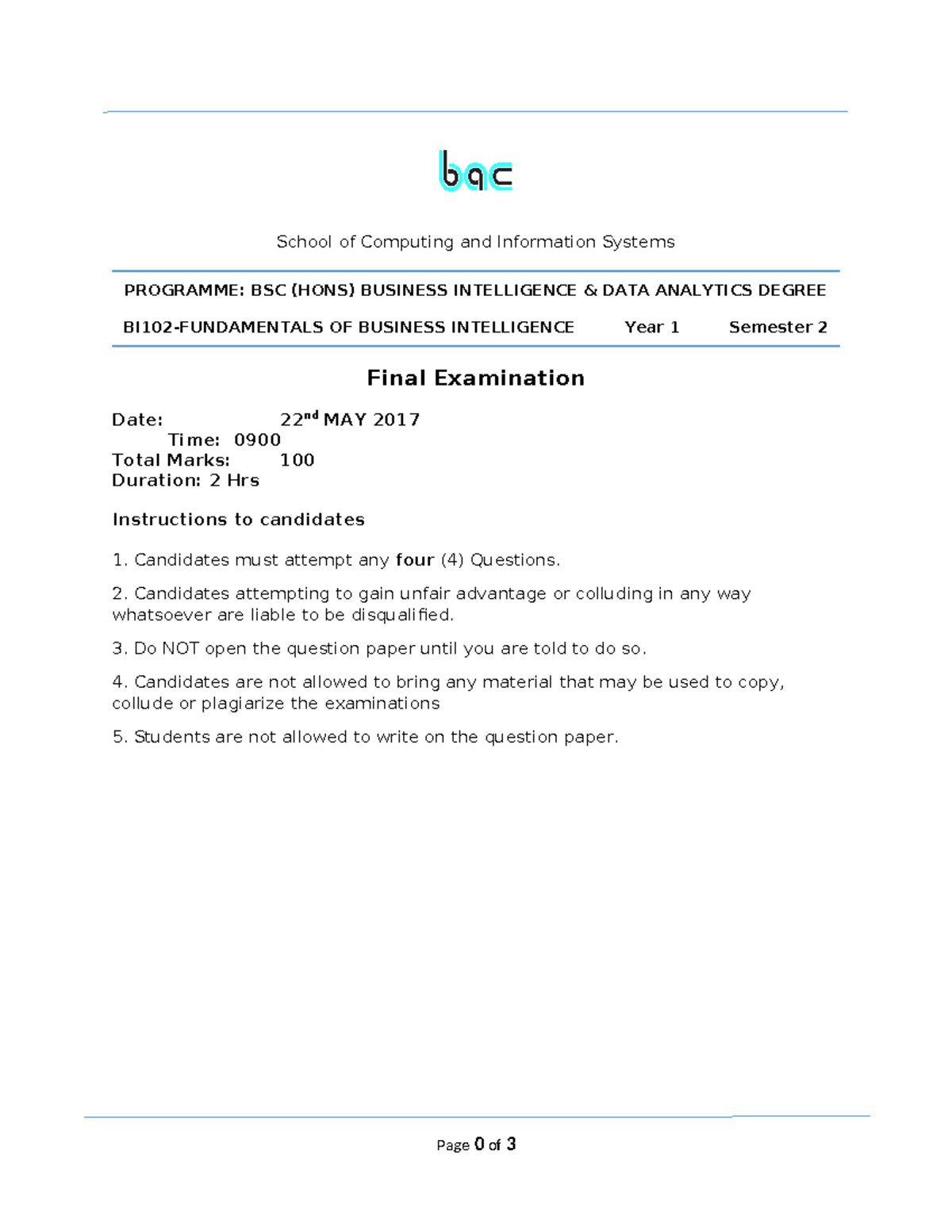 BI102 FBI Final Examination 2017 Paper - School of Computing and ...